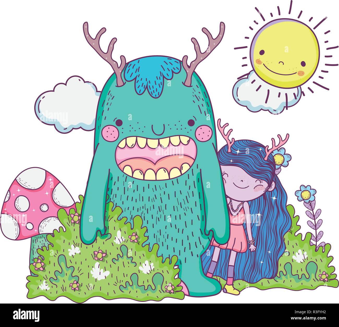 little fairy with monster in the field Stock Vector Image & Art - Alamy