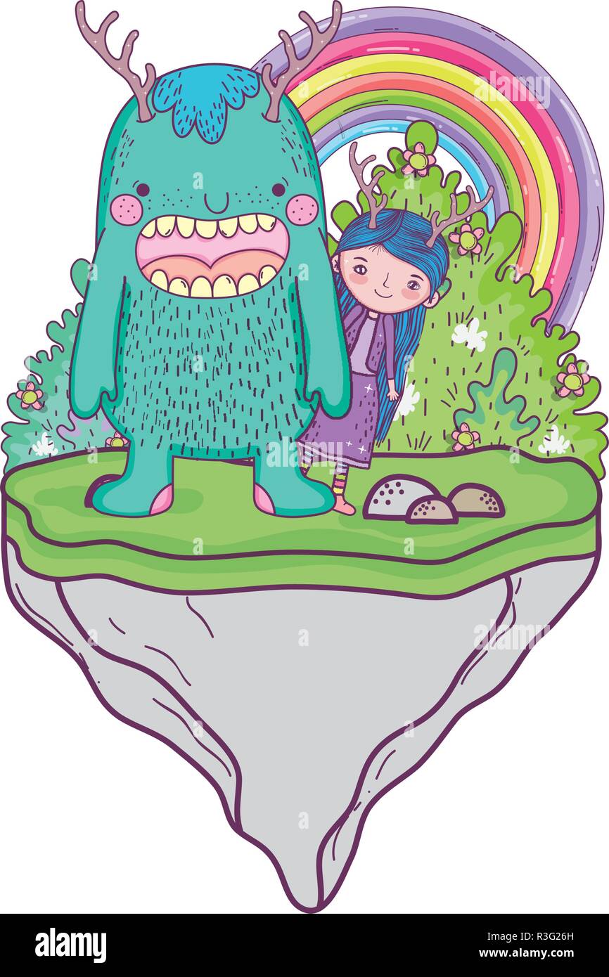 little fairy with monster in the field and rainbow Stock Vector Image ...