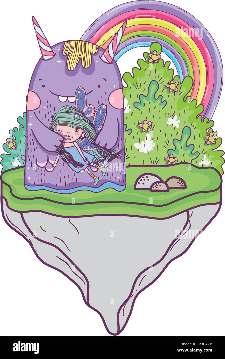 little fairy with monster in the field and rainbow Stock Vector Image ...