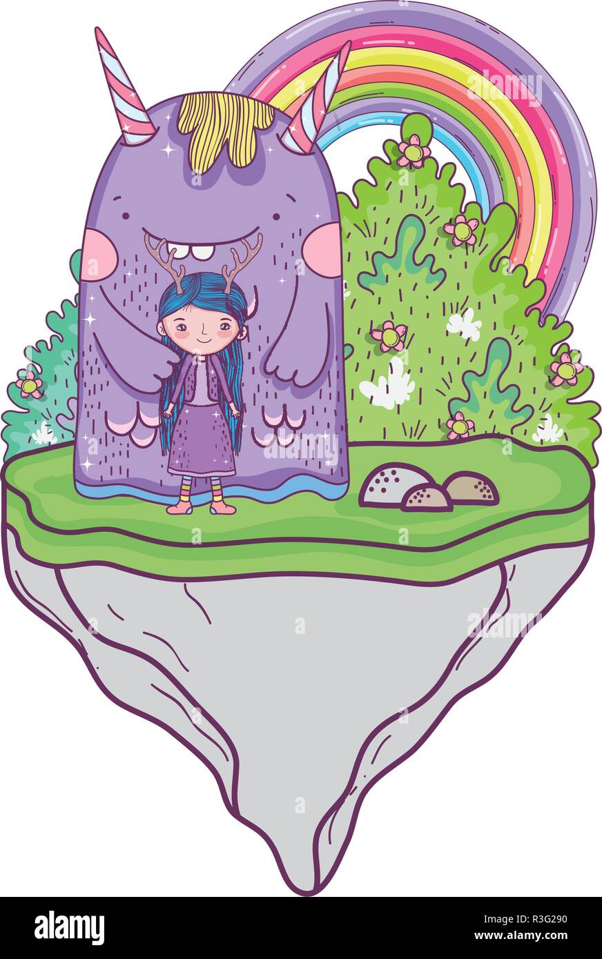 little fairy with monster in the field and rainbow Stock Vector Image ...