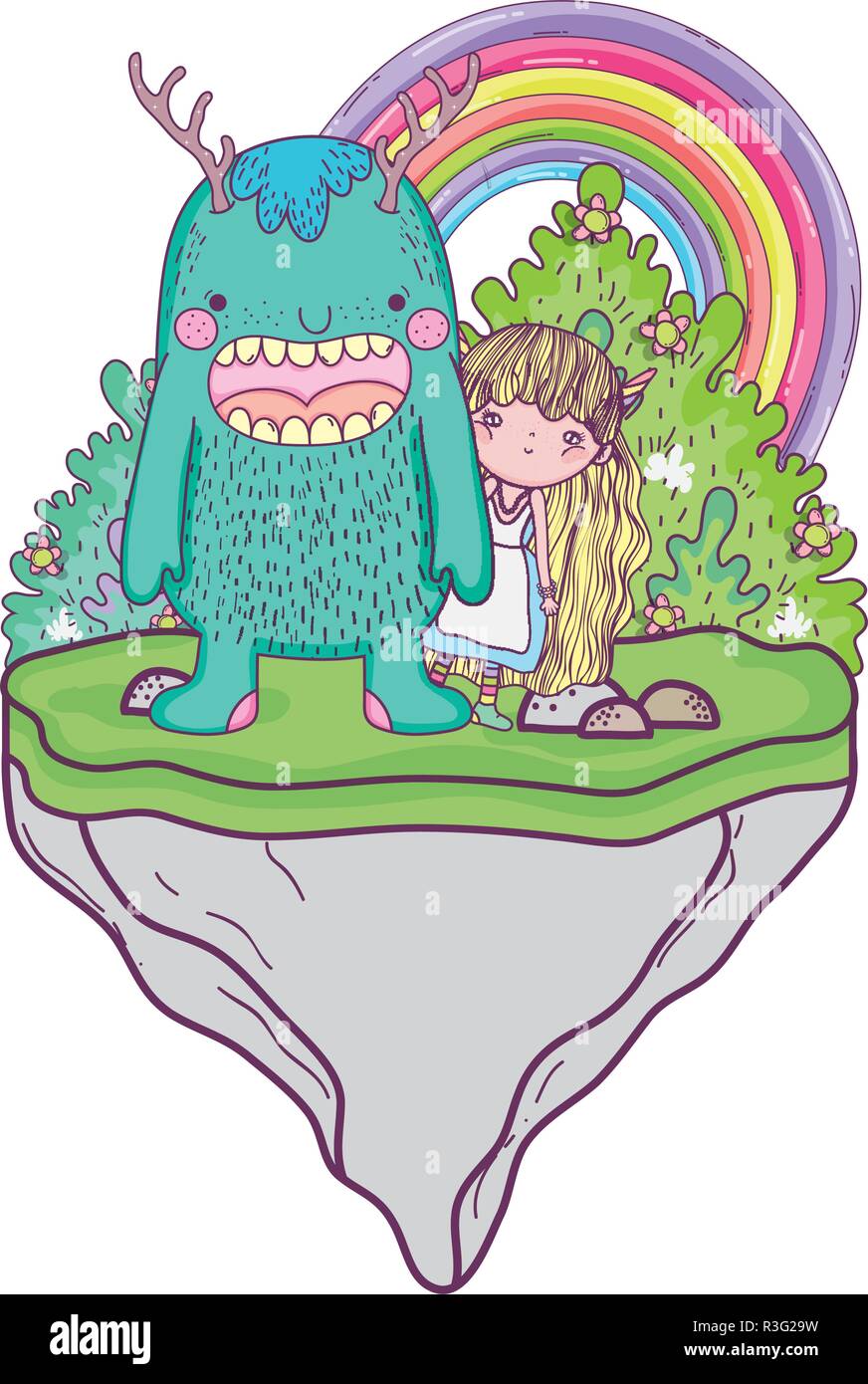 little fairy with monster in the field and rainbow Stock Vector Image ...