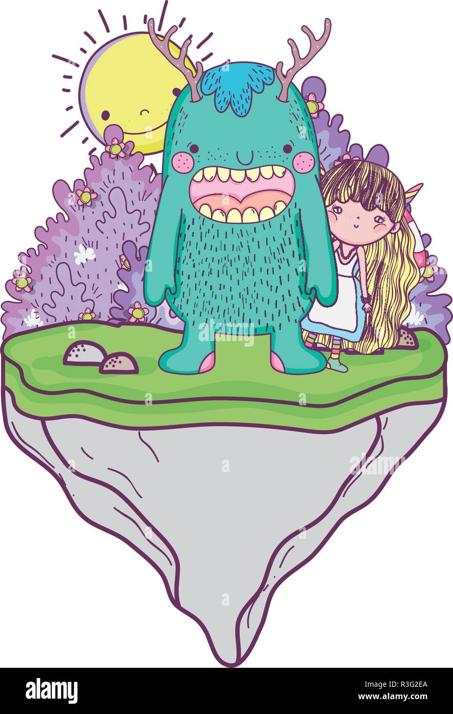 little fairy with monster in the field Stock Vector Image & Art - Alamy