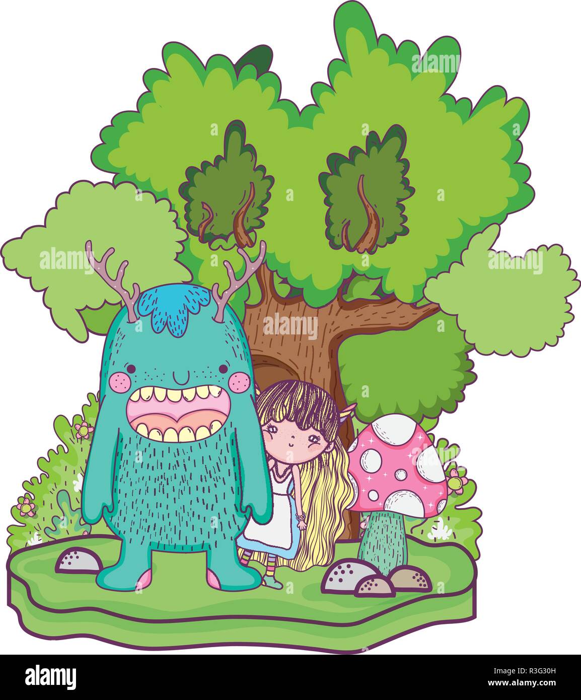 little fairy with monster in the field and tree Stock Vector Image ...