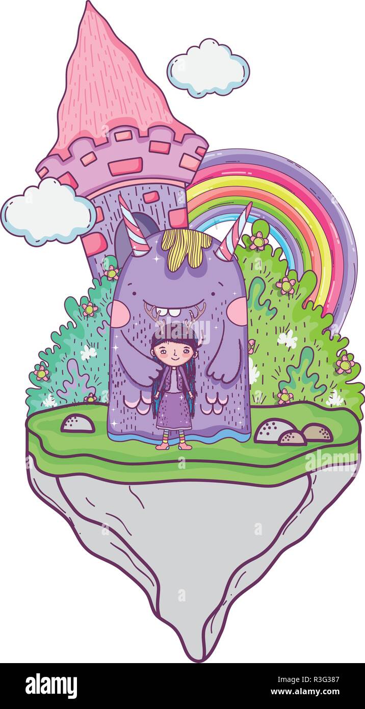 little fairy with monster in the field and rainbow Stock Vector Image ...