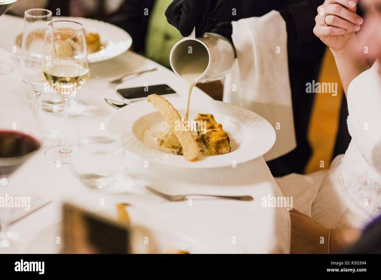 View from above of a table during the dinner of an event or wedding ...
