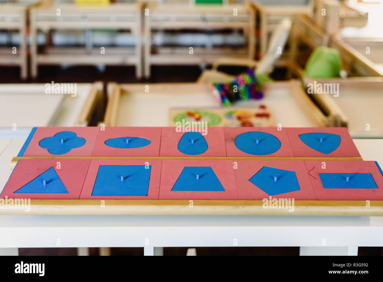 Geometry and mathematics materials in a Montessori classroom Stock ...