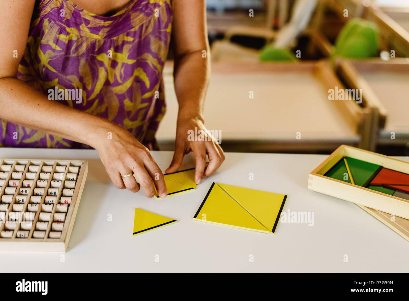Geometry and mathematics materials in a Montessori classroom Stock ...