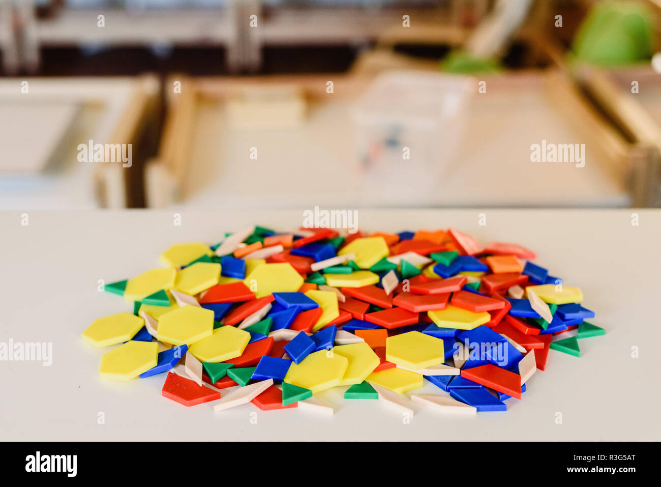 Geometry and mathematics materials in a Montessori classroom Stock ...