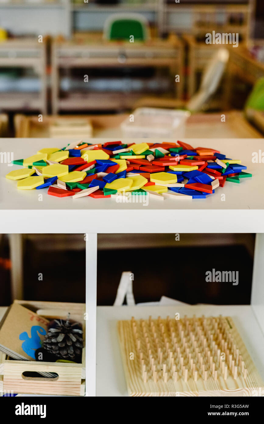 Geometry and mathematics materials in a Montessori classroom Stock ...