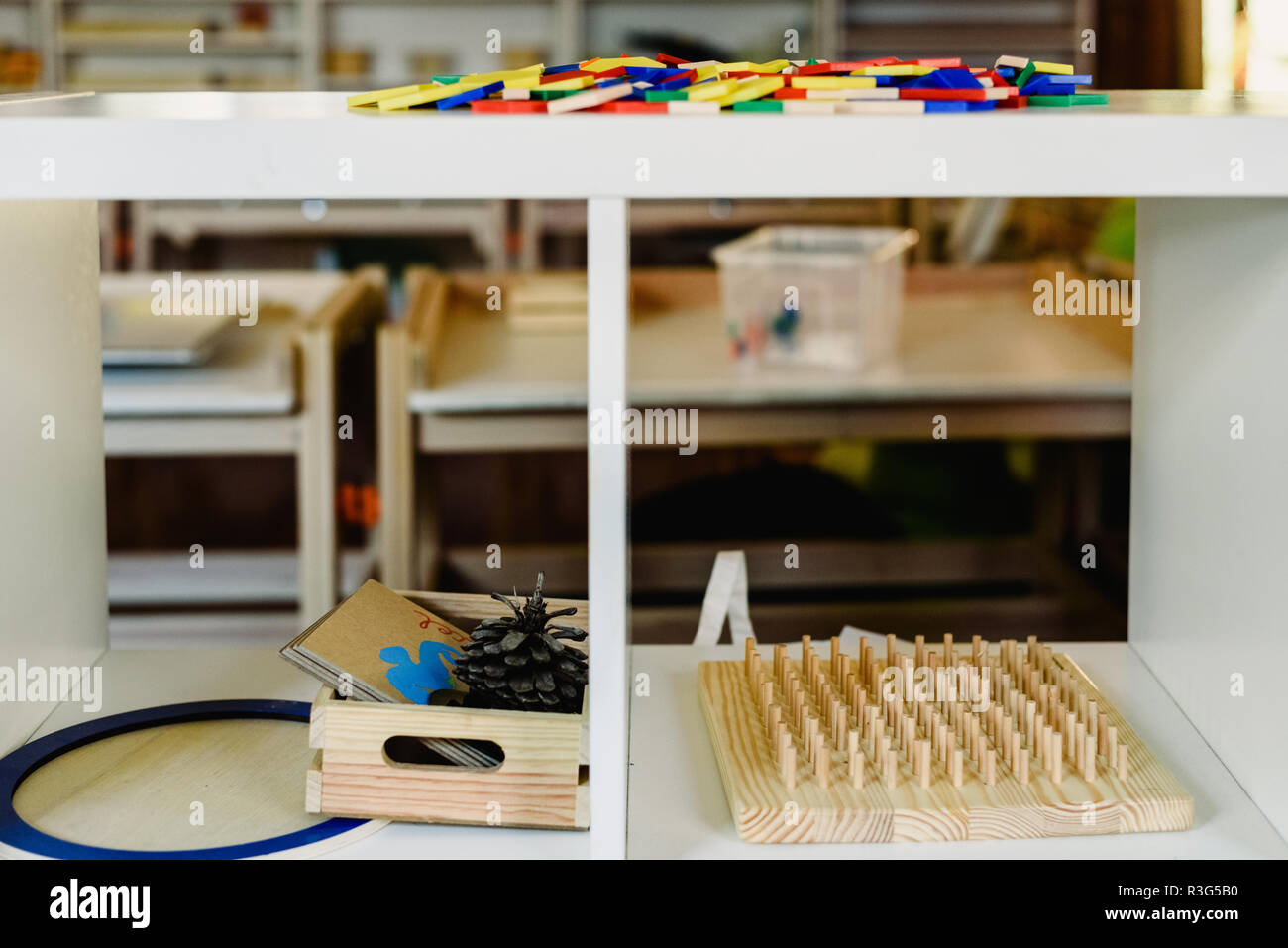 Geometry and mathematics materials in a Montessori classroom Stock ...