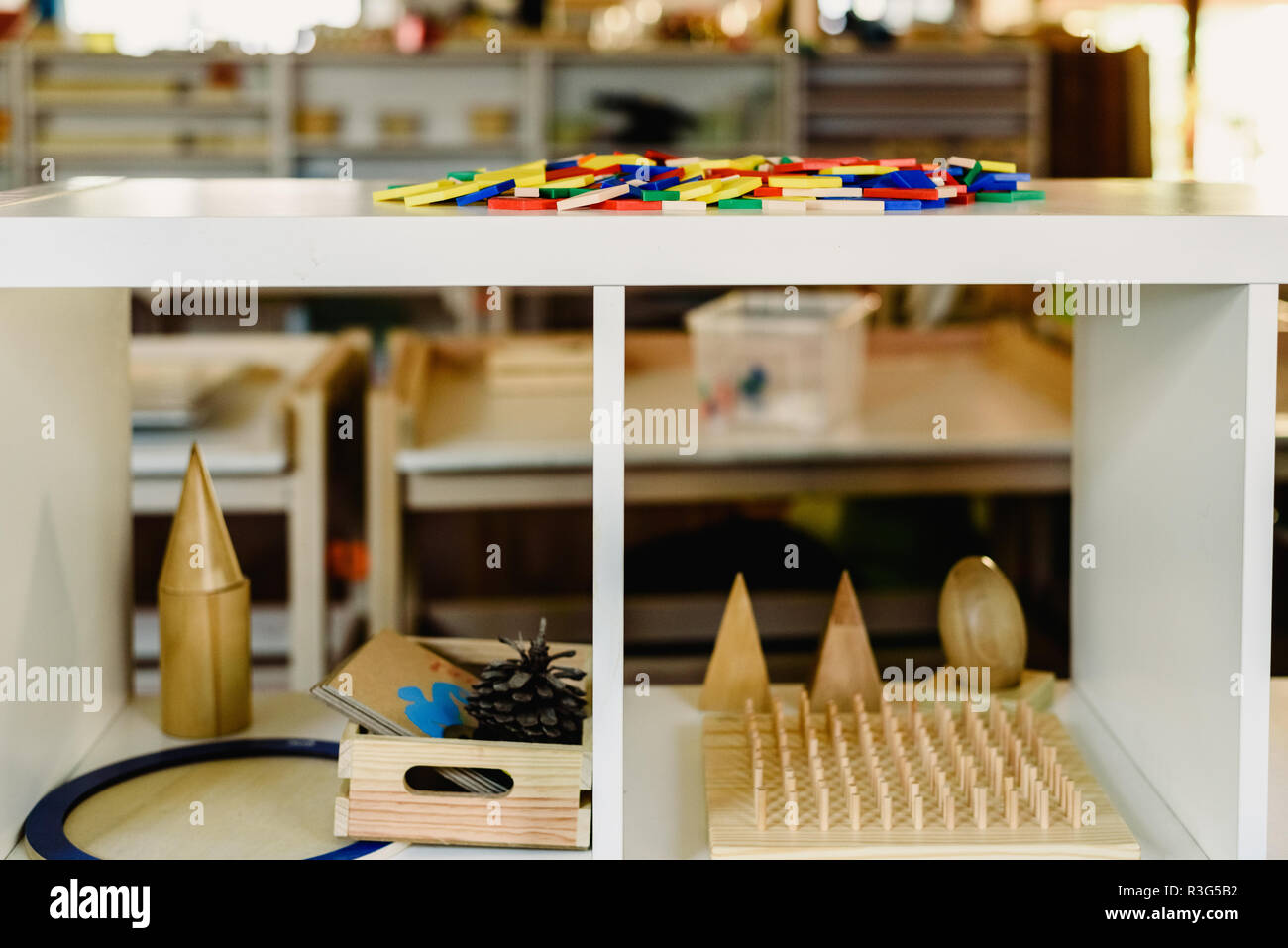 Geometry and mathematics materials in a Montessori classroom Stock ...