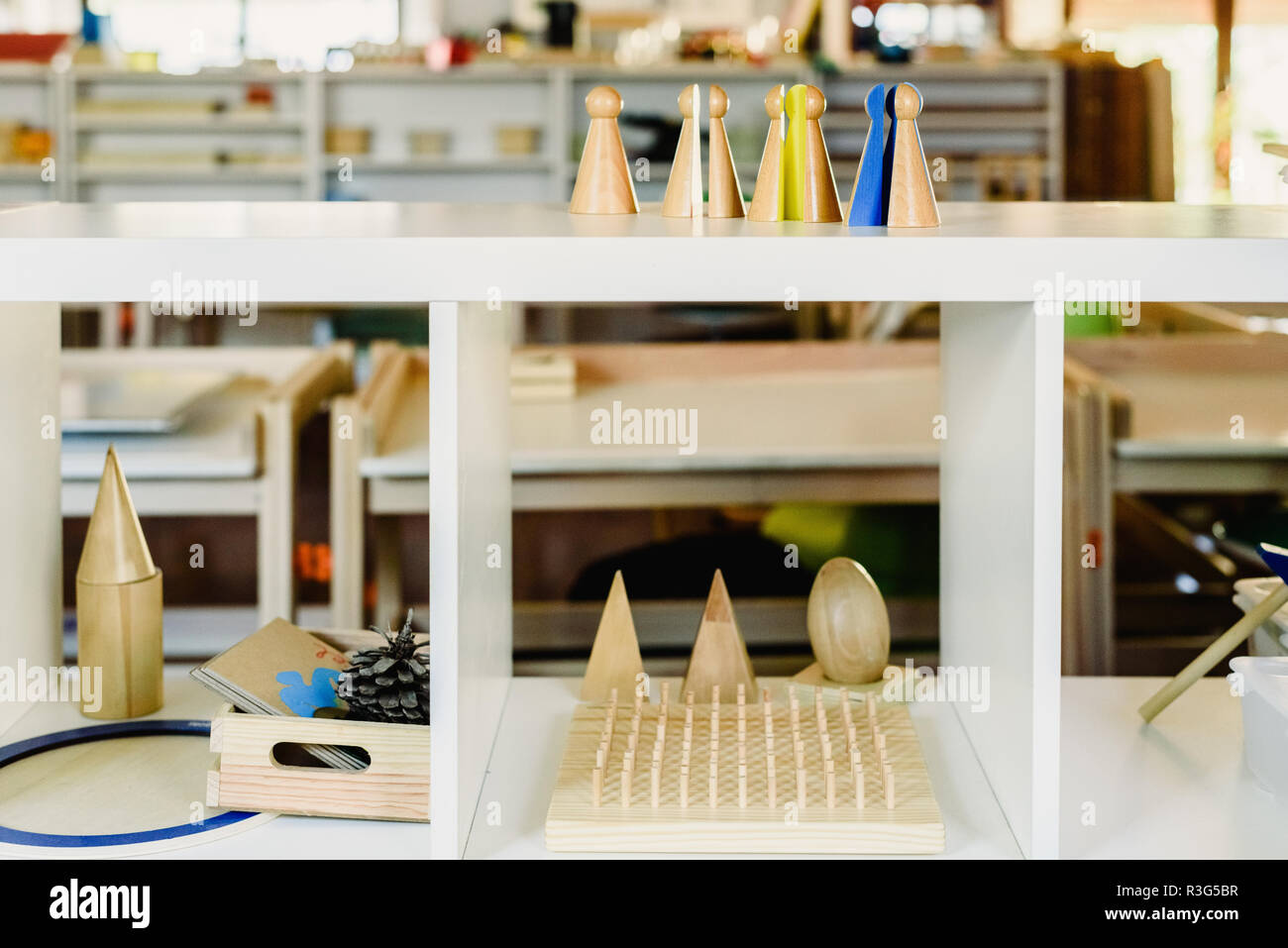 Geometry and mathematics materials in a Montessori classroom Stock ...