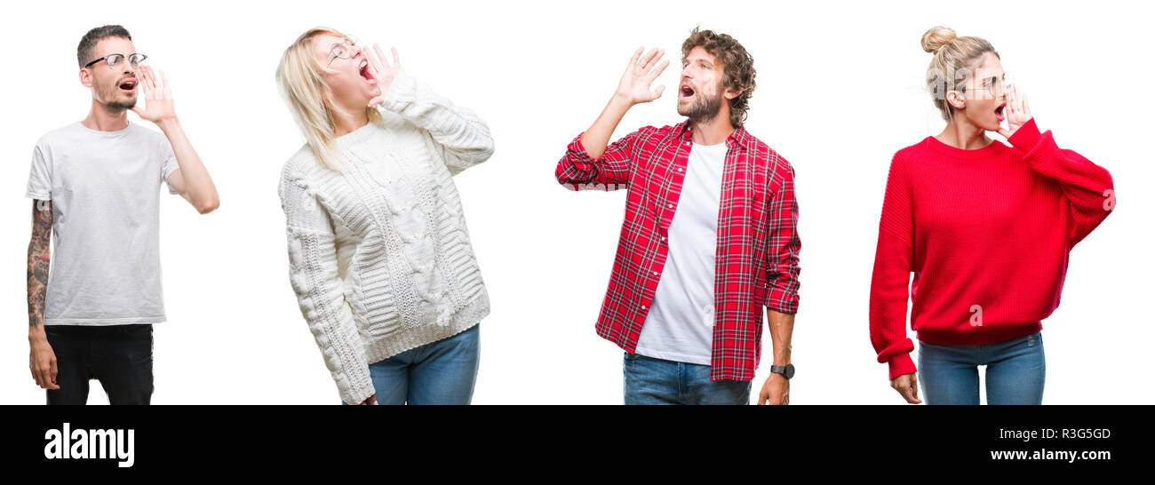 Collage of group of young people over white isolated background ...