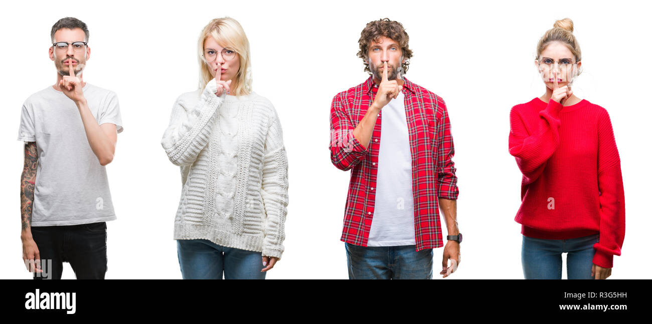 Collage of group of young people over white isolated background asking ...