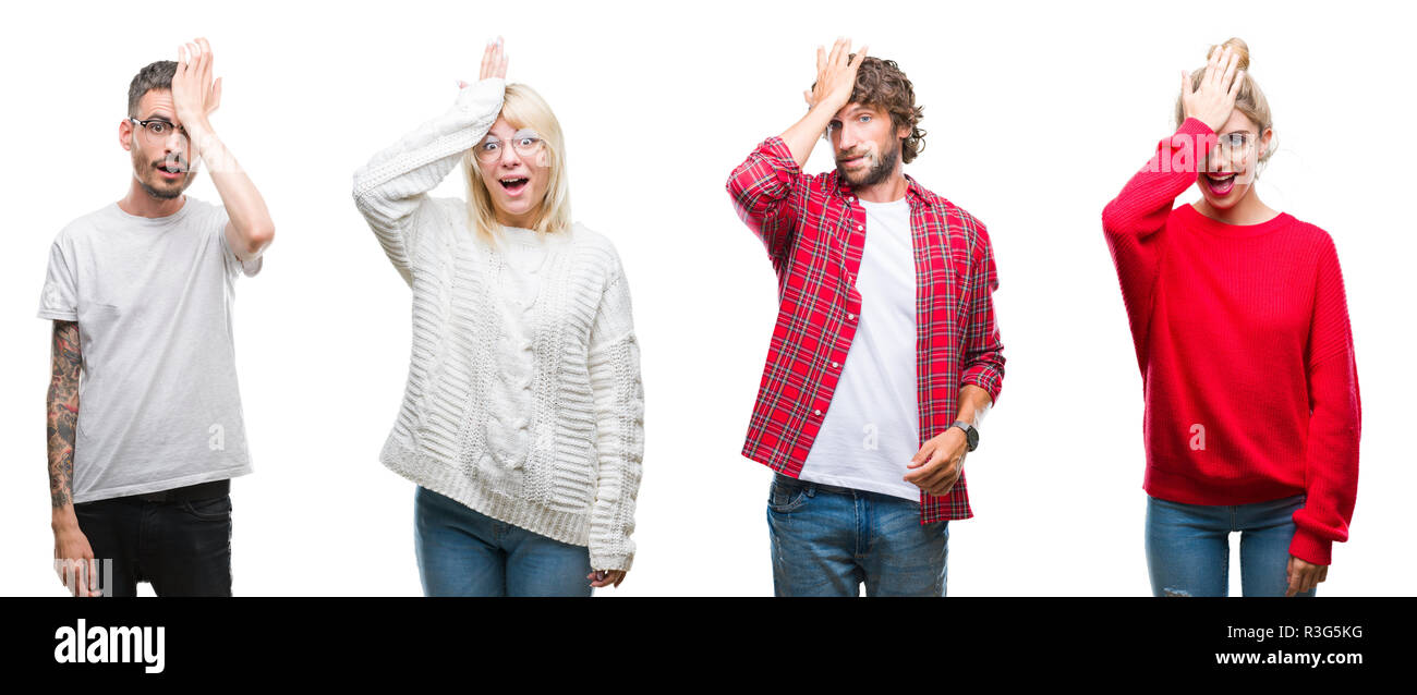 Collage of group of young people over white isolated background ...