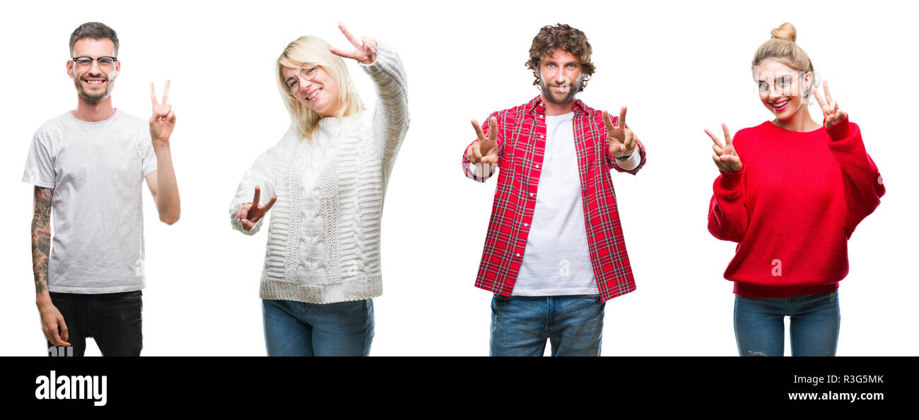 Collage of group of young people over white isolated background smiling ...