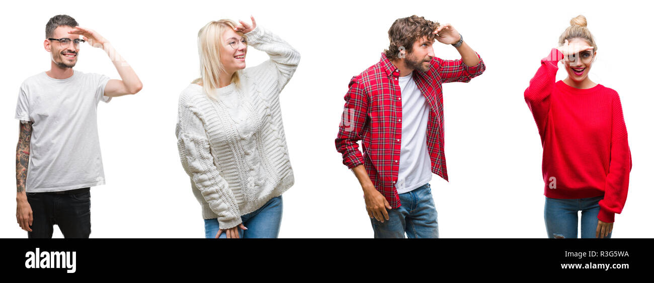 Collage of group of young people over white isolated background very ...