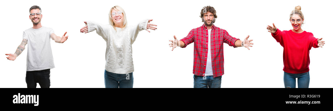 Collage of group of young people over white isolated background looking ...