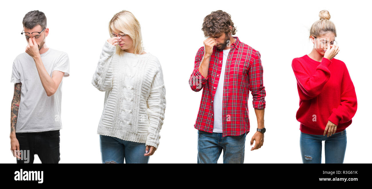 Collage of group of young people over white isolated background tired ...
