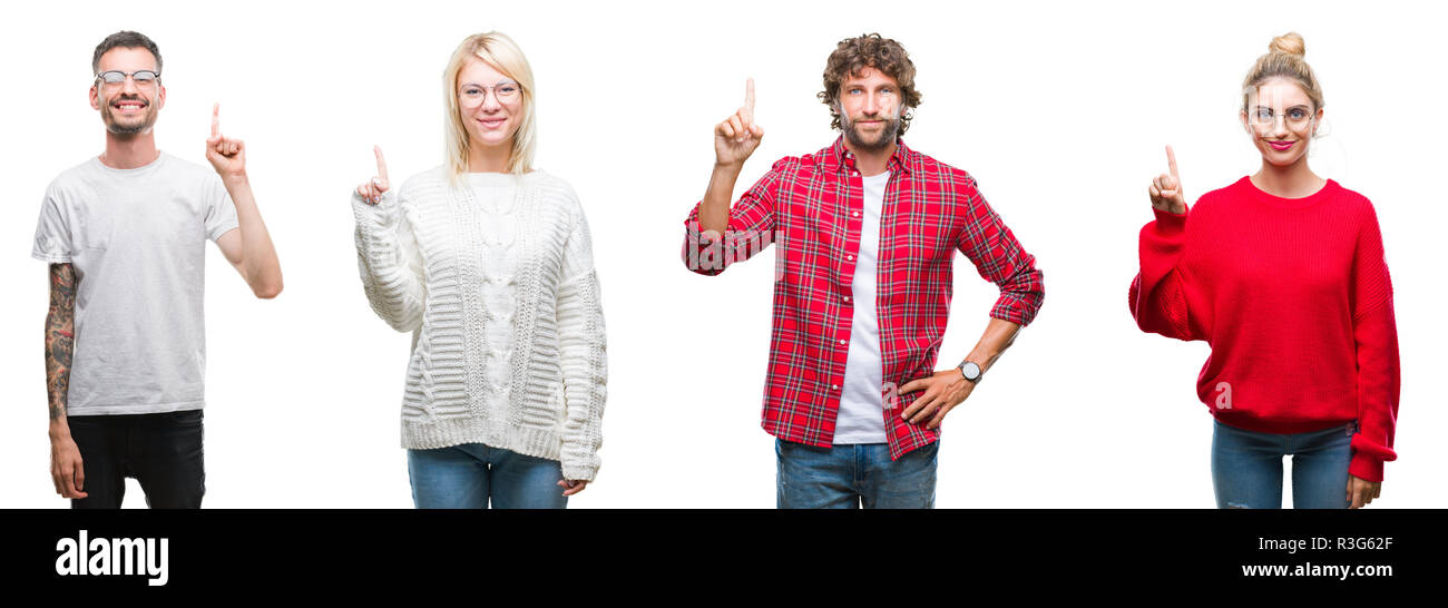 Collage of group of young people over white isolated background showing ...