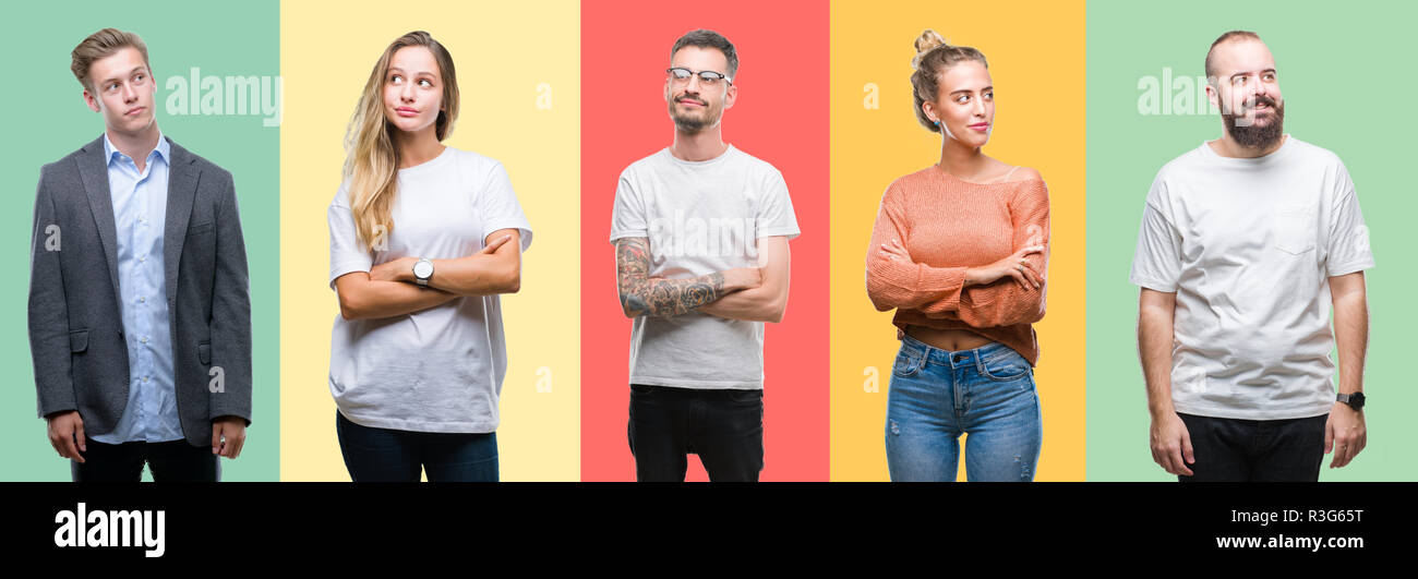 Collage of group people, women and men over colorful isolated ...