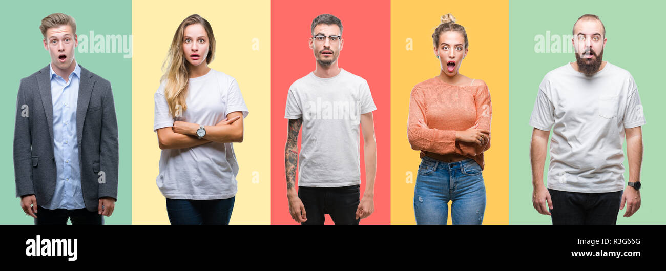 Collage of group people, women and men over colorful isolated ...