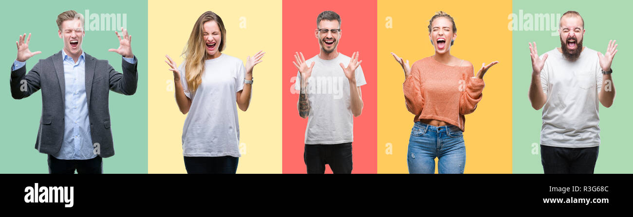 Collage of group people, women and men over colorful isolated ...
