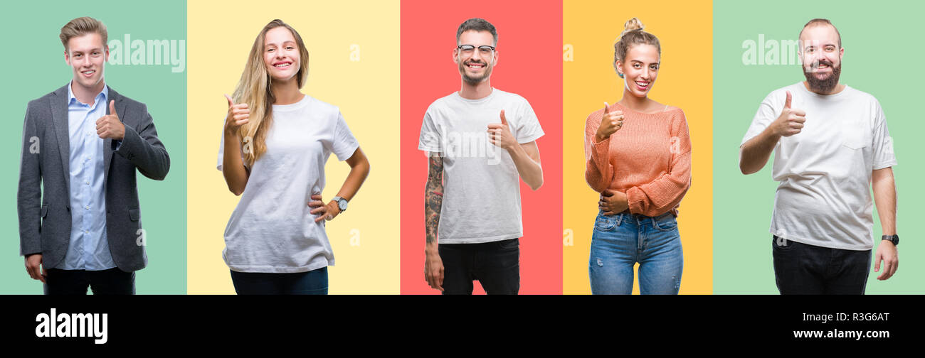 Collage of group people, women and men over colorful isolated ...