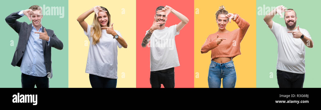 Collage of group people, women and men over colorful isolated ...