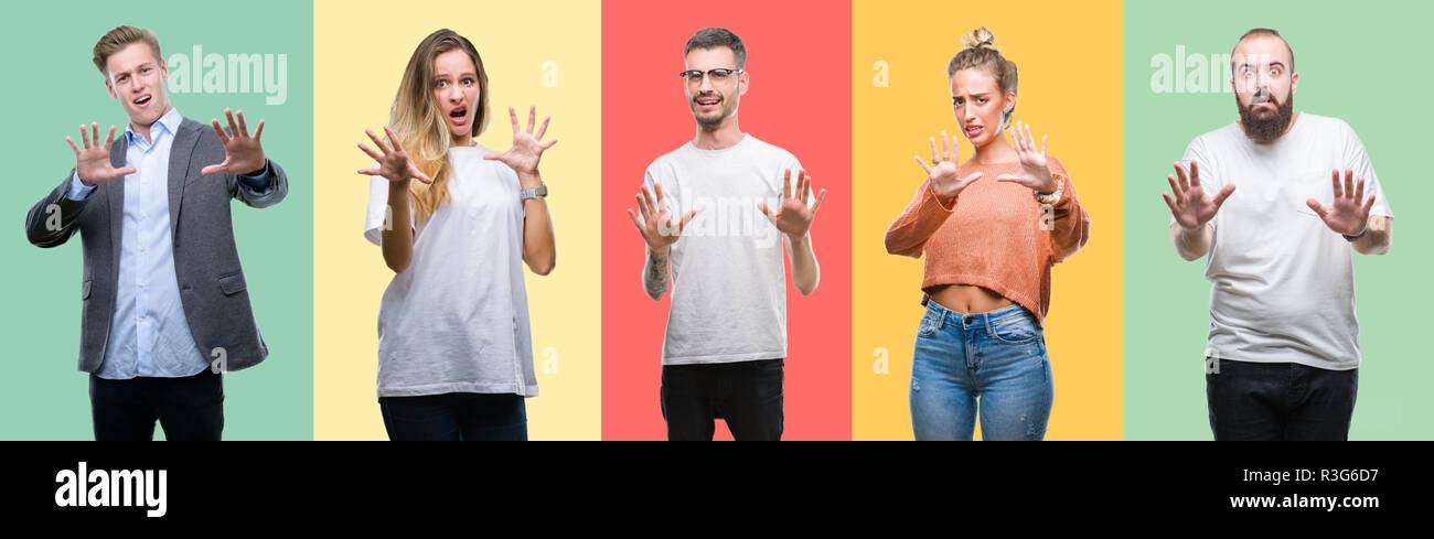 Collage of group people, women and men over colorful isolated ...