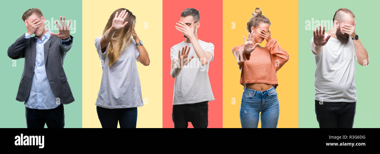 Collage of group people, women and men over colorful isolated ...