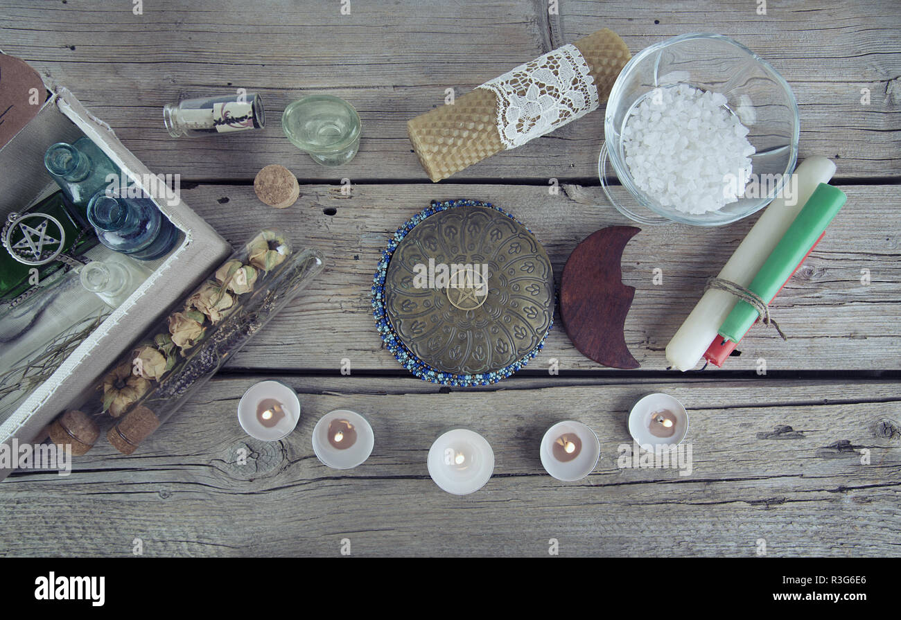 Magical instruments and ingredients on the table Stock Photo - Alamy