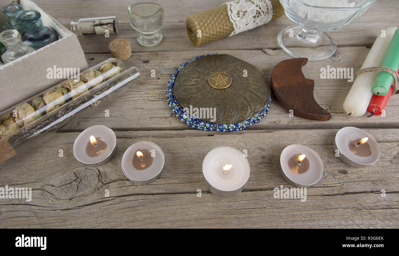 Magical instruments and ingredients on the table Stock Photo - Alamy