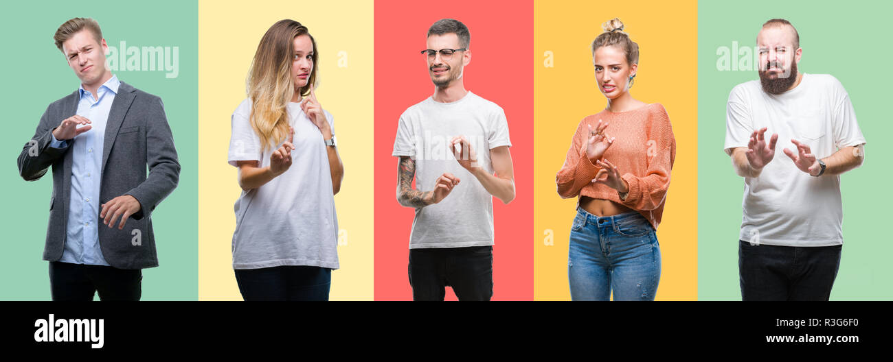 Collage of group people, women and men over colorful isolated ...