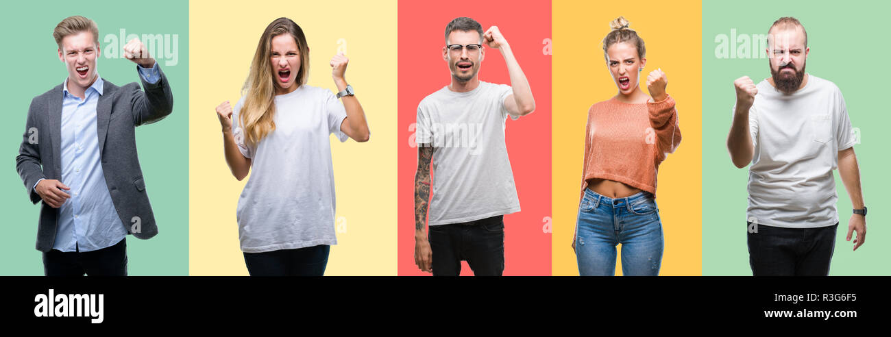 Collage of group people, women and men over colorful isolated ...