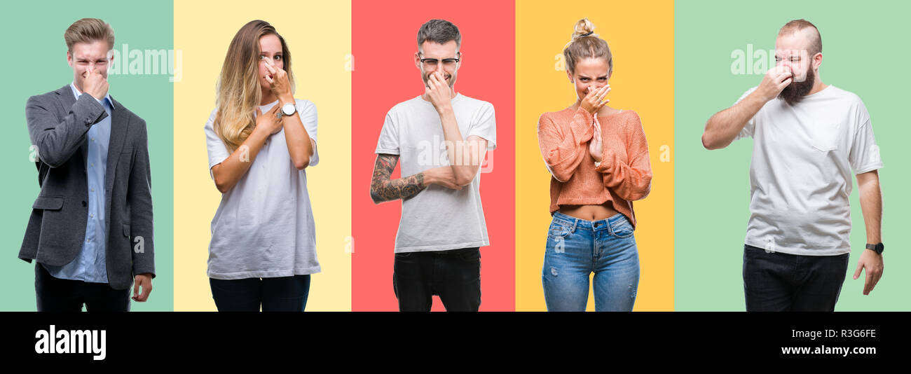 Collage of group people, women and men over colorful isolated ...