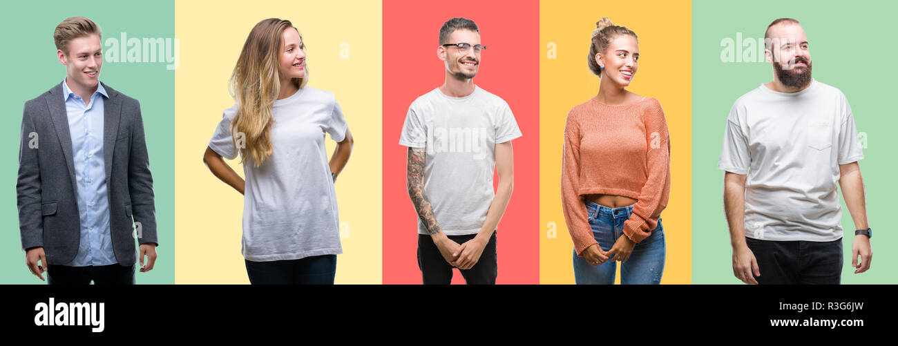 Collage of group people, women and men over colorful isolated ...