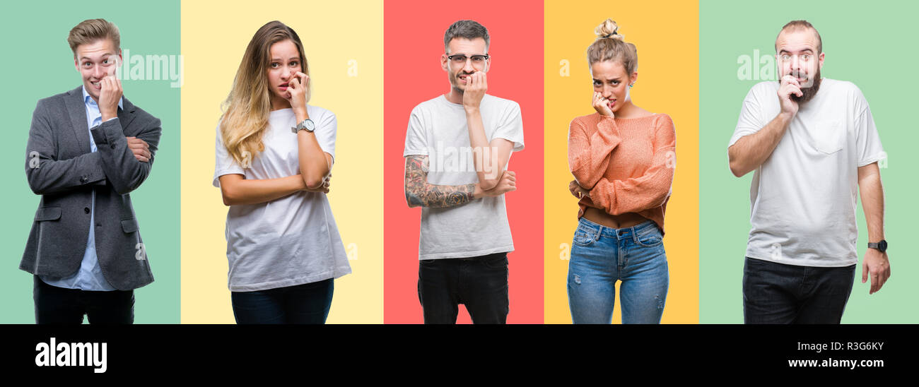 Collage of group people, women and men over colorful isolated ...