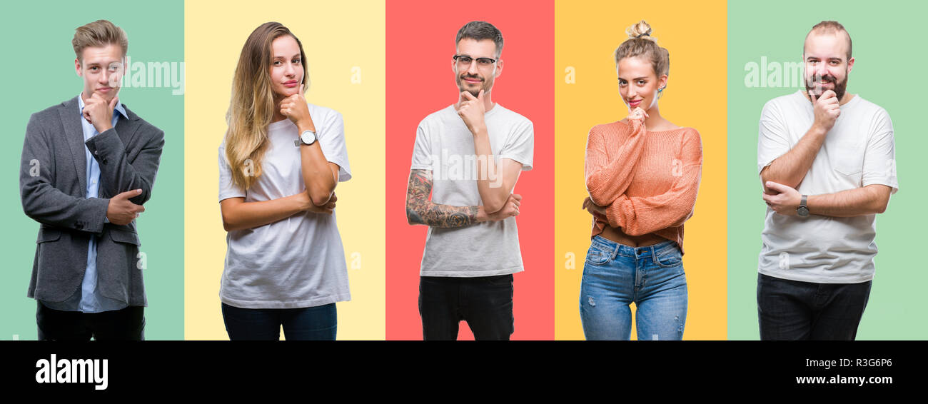 Collage of group people, women and men over colorful isolated ...