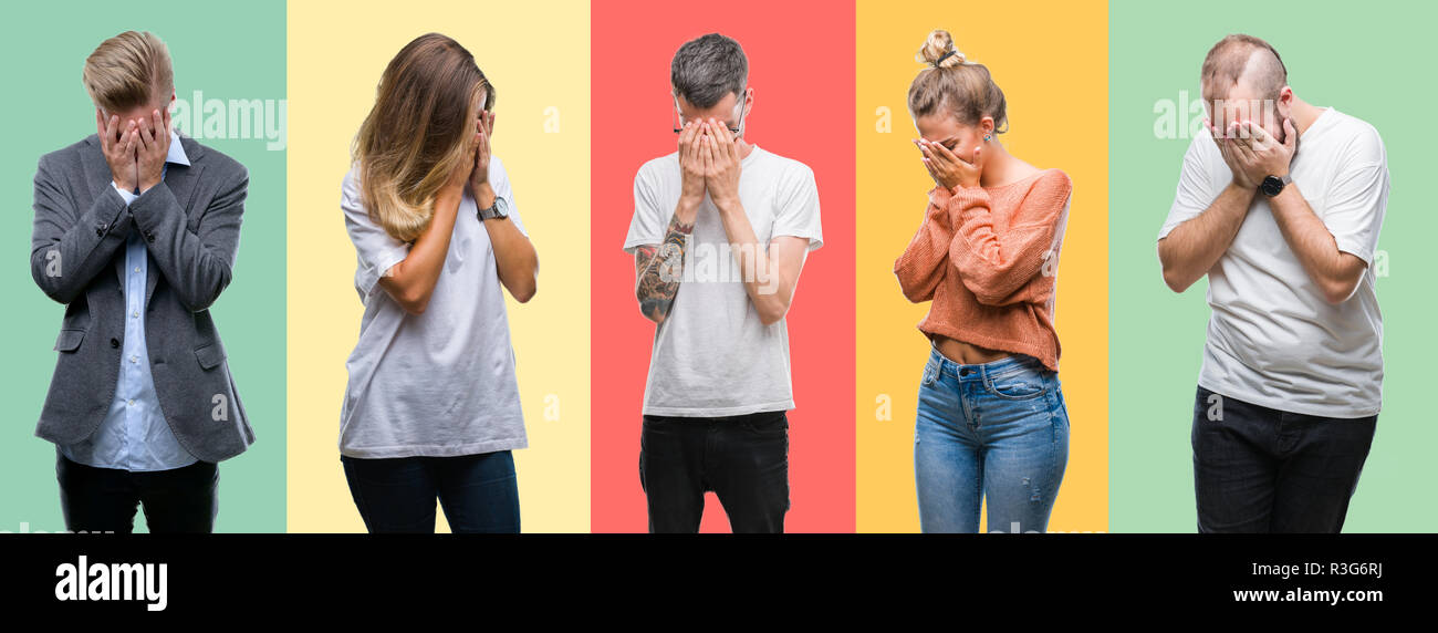 Collage of group people, women and men over colorful isolated ...