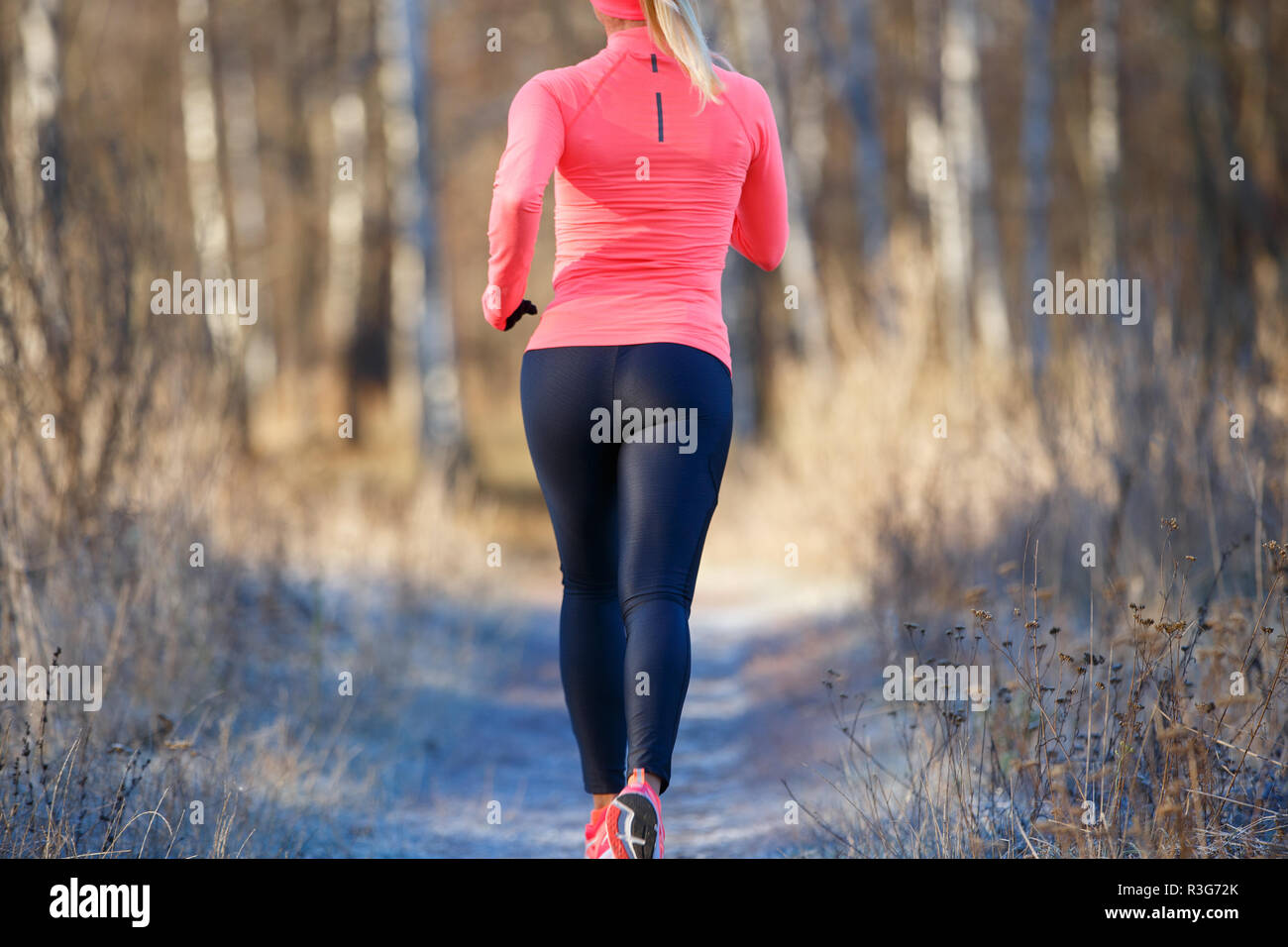 Rear view of young running woman in winter park. Healthy lifestyle ...