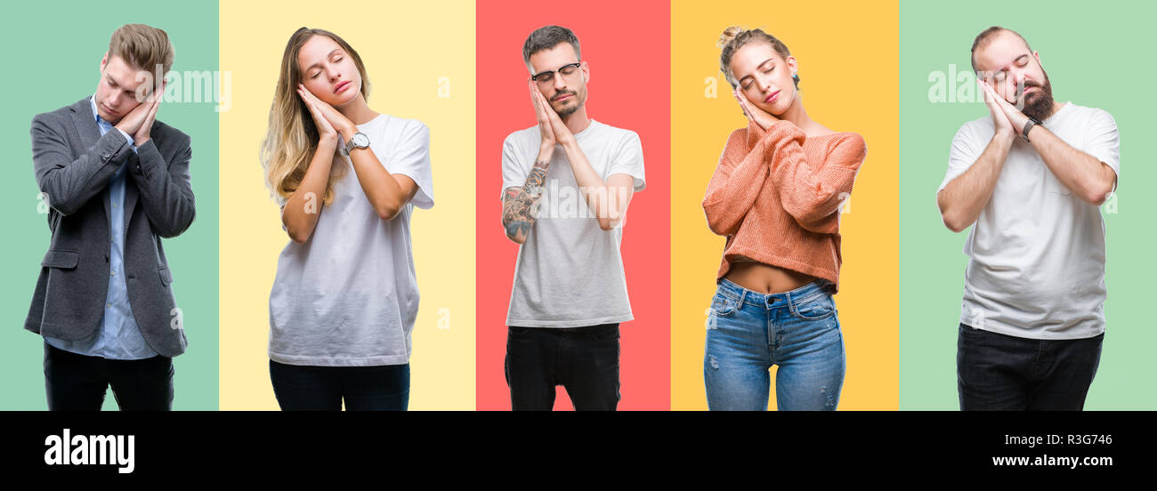 Collage of group people, women and men over colorful isolated ...