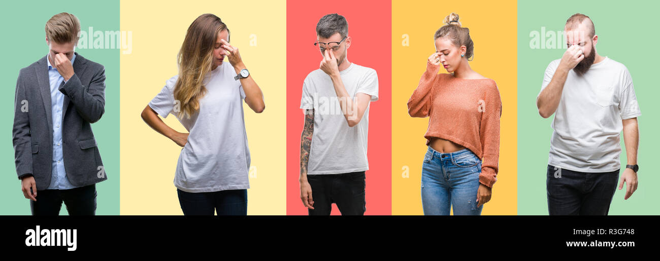 Collage of group people, women and men over colorful isolated ...