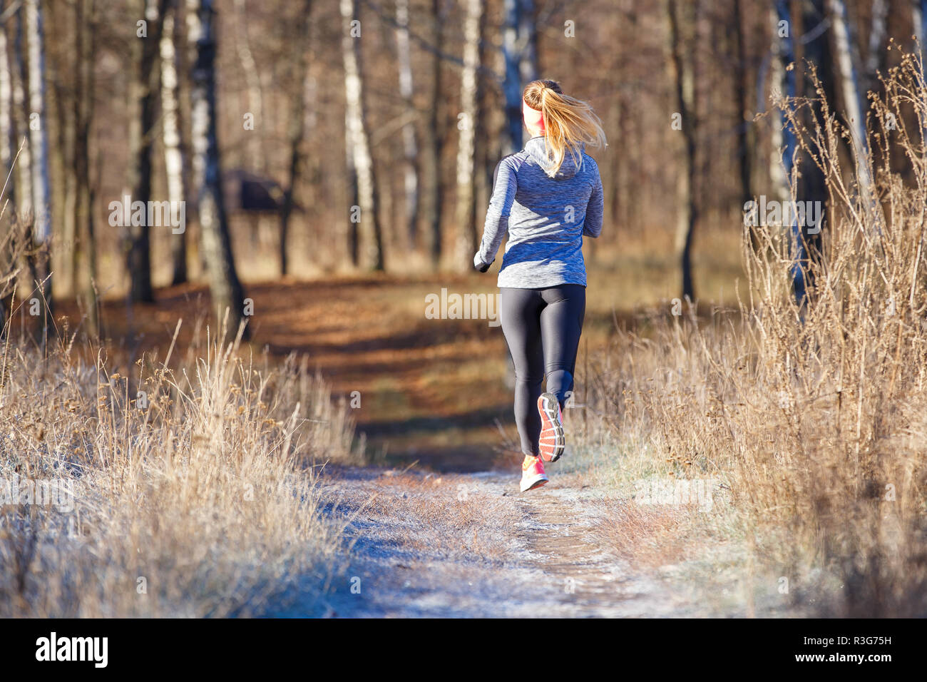 Rear view of young running woman in winter park. Healthy lifestyle ...