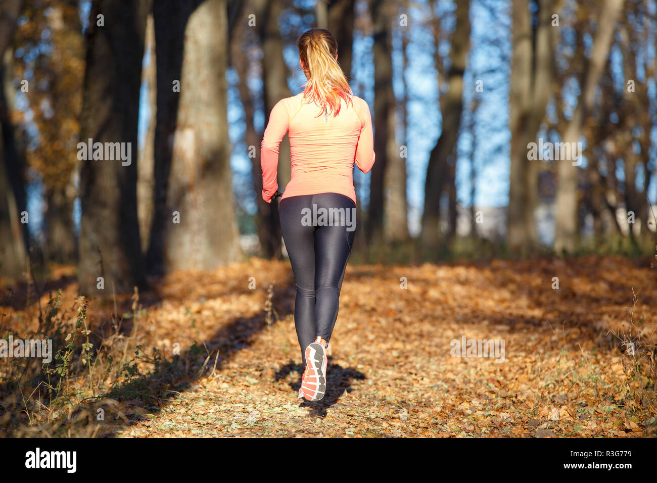 Back view of running girl in autumn park. Trail running lifesyle ...