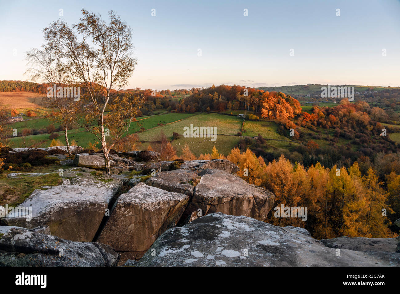 Autumn colours in late afternoon sunshine, Cratcliffe Tor, Peak ...