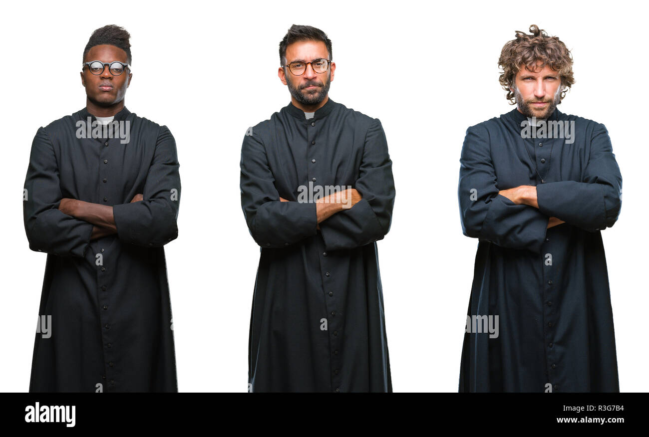 Collage of christian priest men over isolated background skeptic and ...