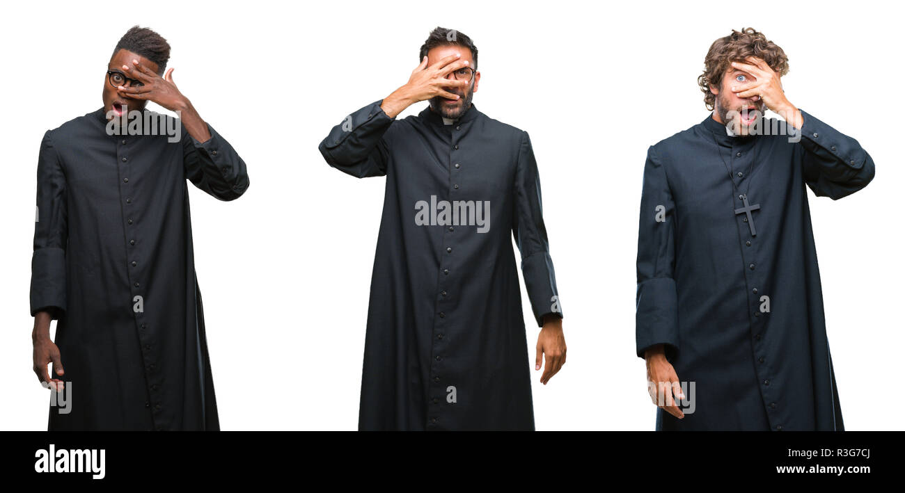 Collage of christian priest men over isolated background peeking in ...
