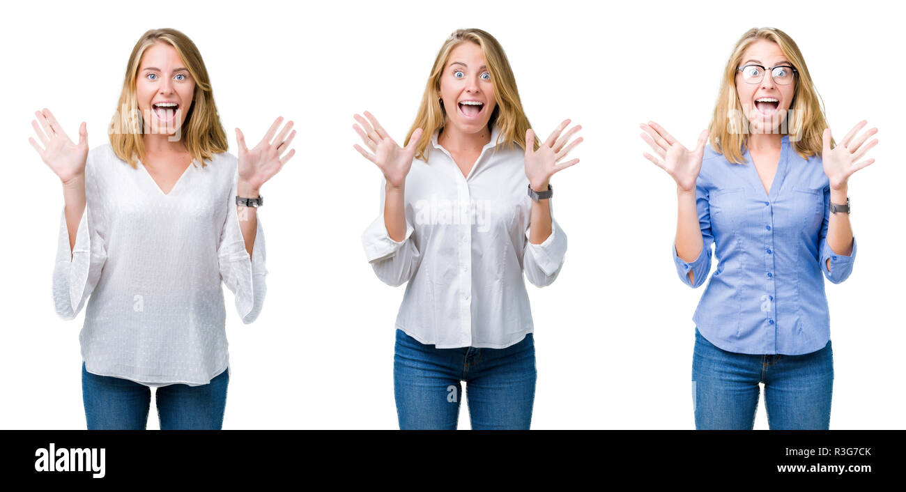 Collage of beautiful blonde business woman over white isolated ...