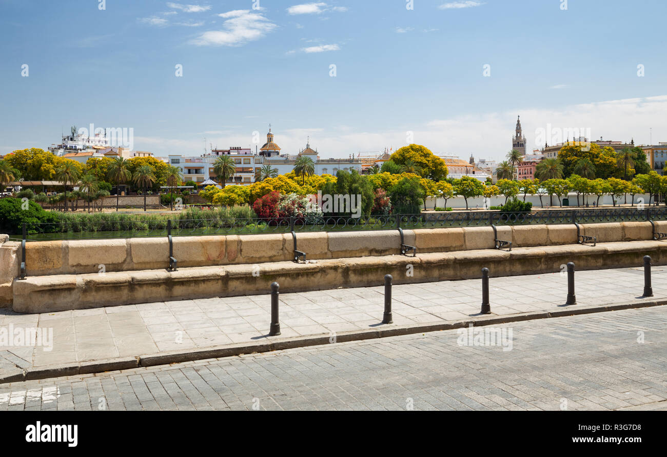 Seville, Spain, Waterfront view to the historic architecture of the ...